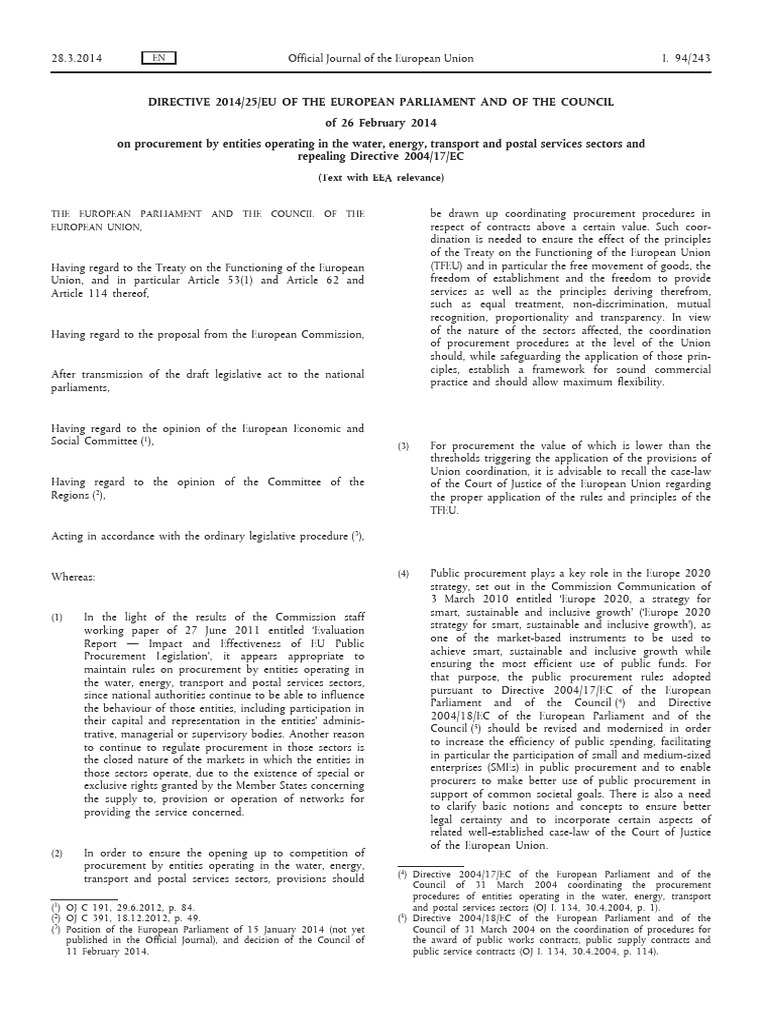 EU Directive 2014/25 on Procurement Rules | PDF | European Union ...