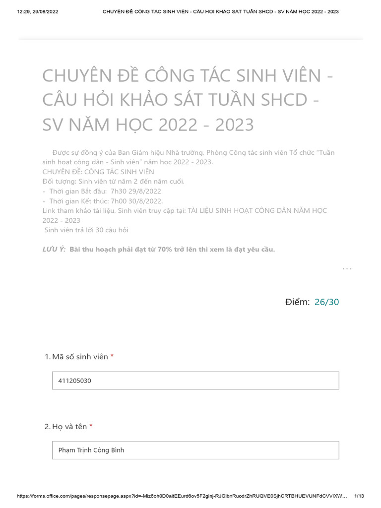 CHUYÊN ĐỀ CÔNG TÁC SINH VIÊN - CÂU HỎI KHẢO SÁT TUẦN SHCD - SV NĂM HỌC 2022 - 2023 | PDF