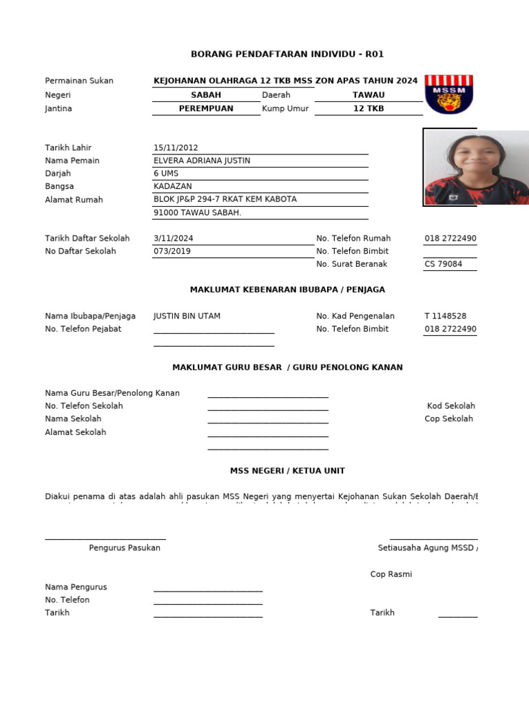 Borang R01 (P) Olahraga MSSZ Apas 2024 | PDF
