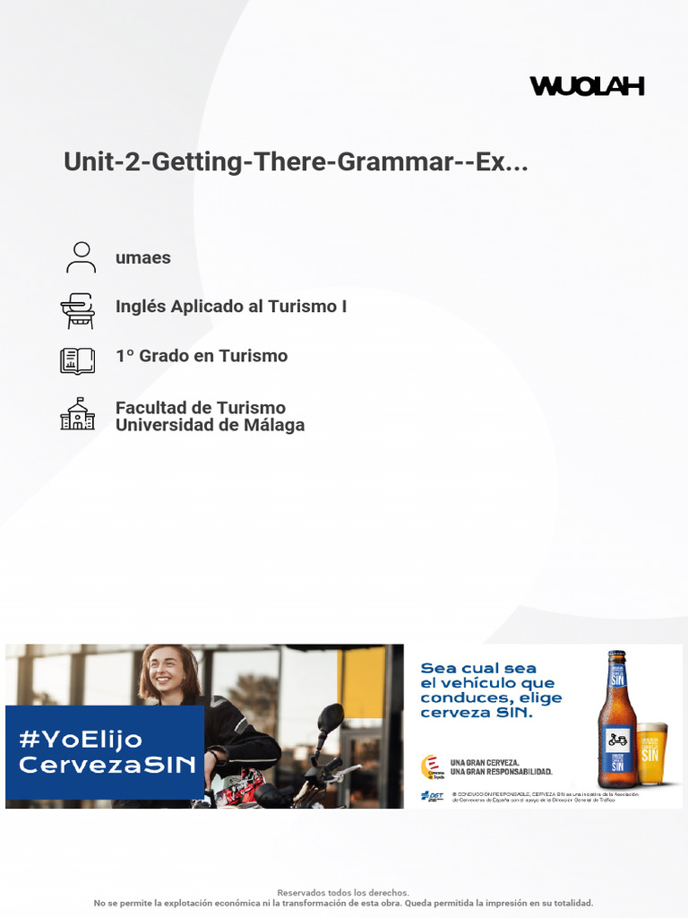 Wuolah Free Unit 2 Getting There Grammar Exercise Key | PDF