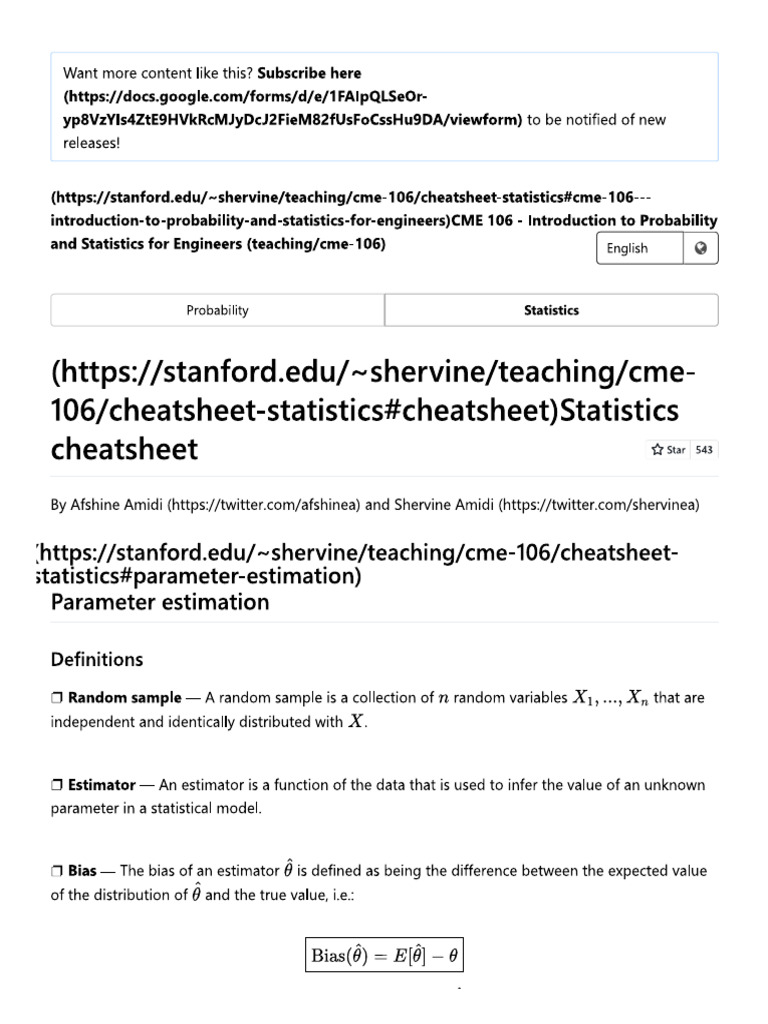 CME 106 - Statistics Cheatsheet | PDF