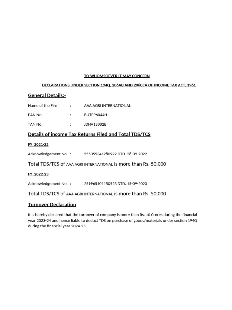 Tds Declaration | PDF