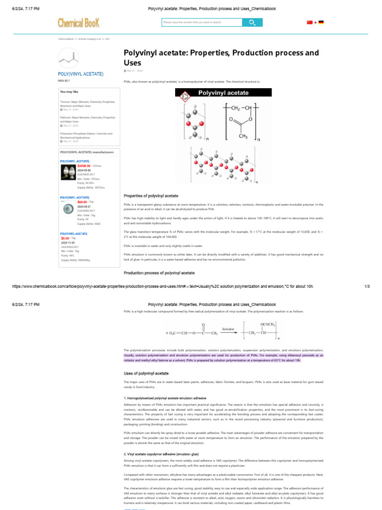 Polyvinyl Acetate - Properties, Production Process and Uses - Chemicalbook | PDF