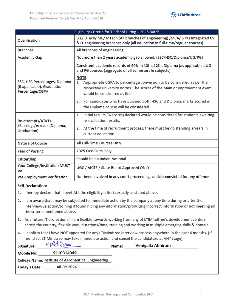 LTIMindtree - Undertaking Form | PDF | Educational Stages | Career & Growth