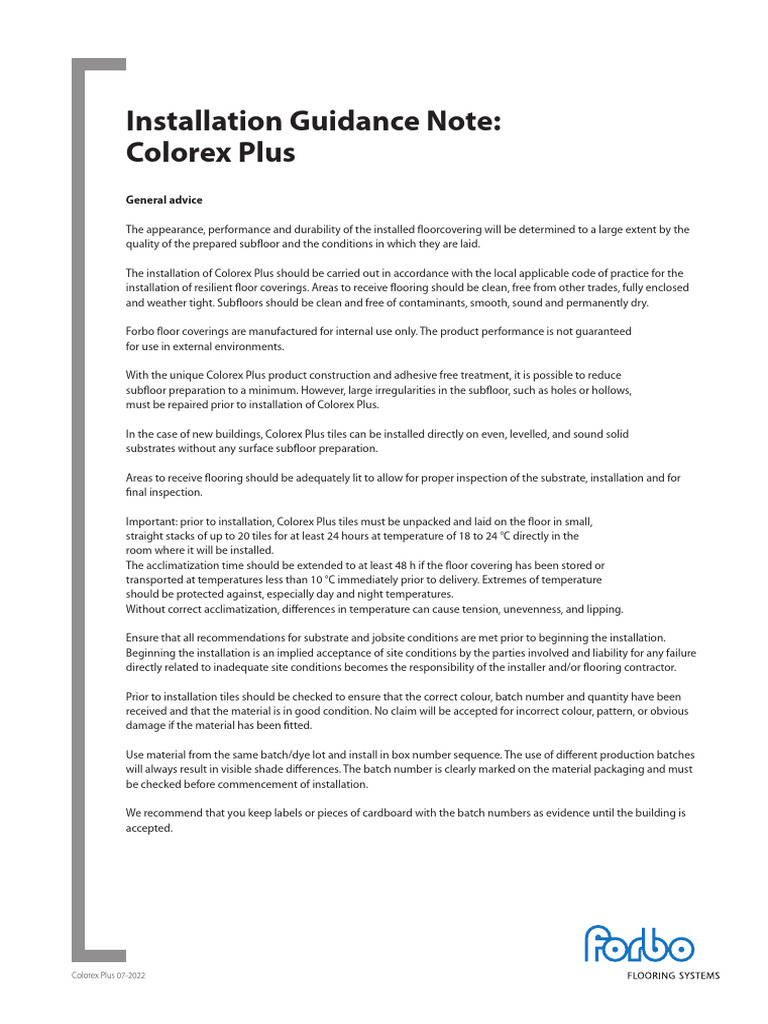 Forbo Colorex Plus Installation Guidance Note 2022 | PDF