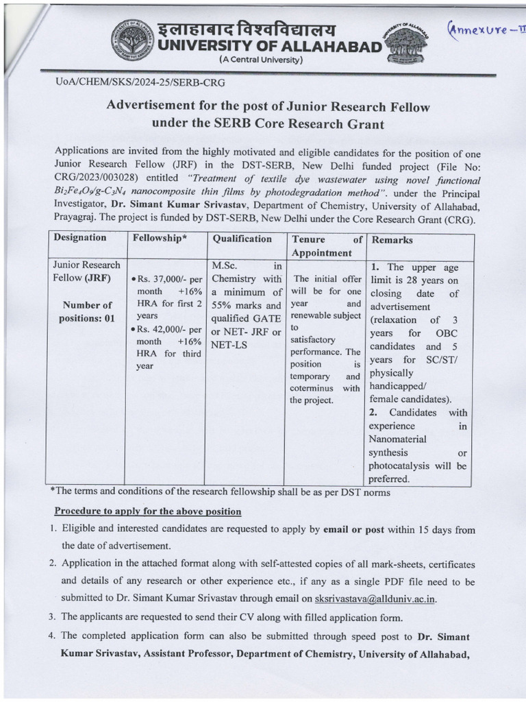 JRF Advertisement and Application Form | PDF