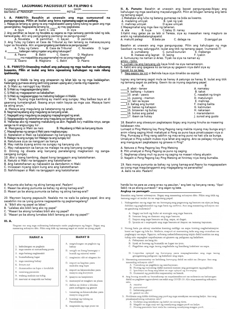 Lagumang Pagsusulit Sa Filipino 6 | PDF
