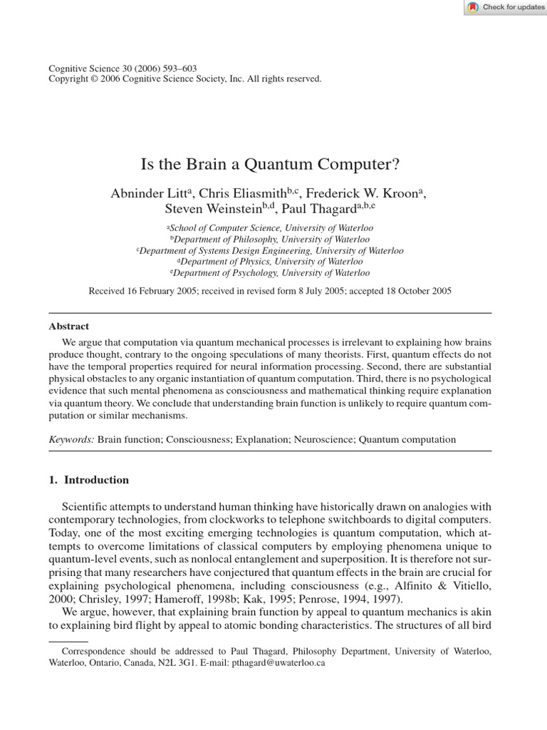 Cognitive Science - 2010 - Litt - Is The Brain A Quantum Computer | PDF