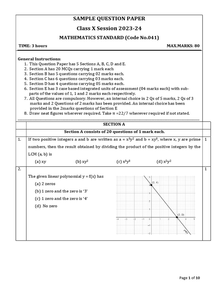 Microsoft Word - 041 Mathematics Standard X SQP | PDF