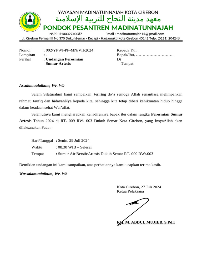 Undangan Peresmian Sumur Artesis 2024 | PDF