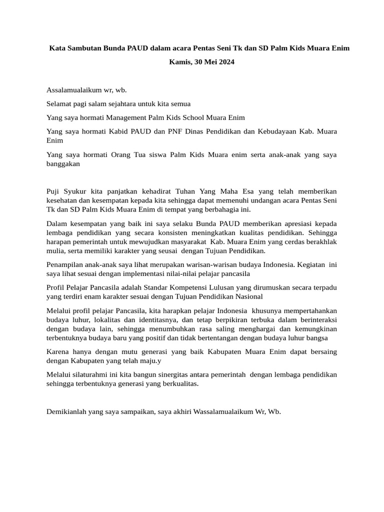 Kata Sambutan Bunda PAUD Dalam Acara Pentas Seni TK Dan SD Palm Mids Muara Enim | PDF