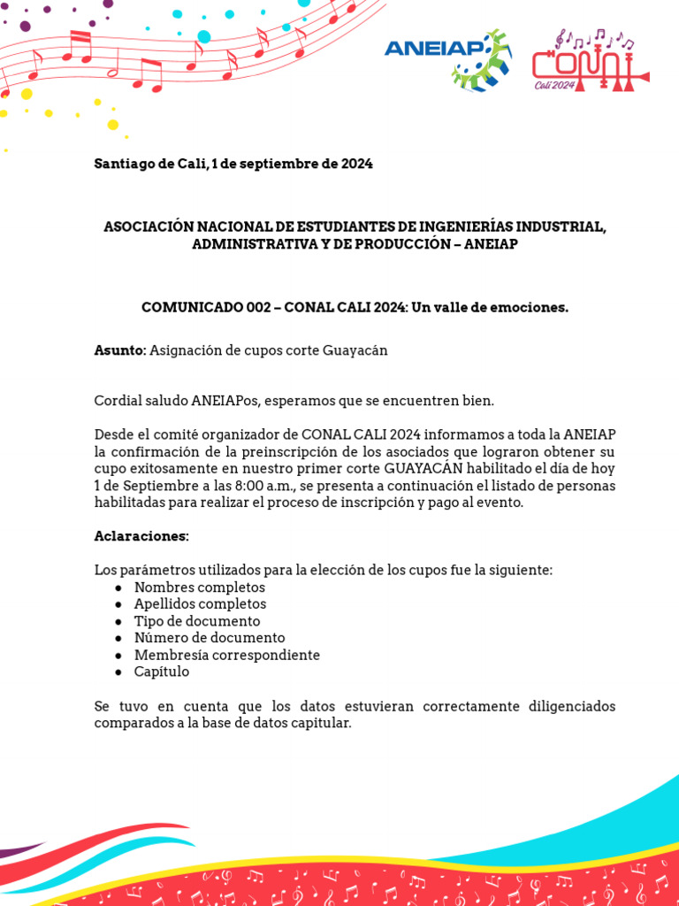 Comunicado 002 - Conal Cali 2024 | PDF