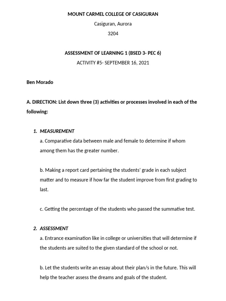 Activity 5 - Assessment of Learning 1 | PDF | Educational Assessment | Career & Growth