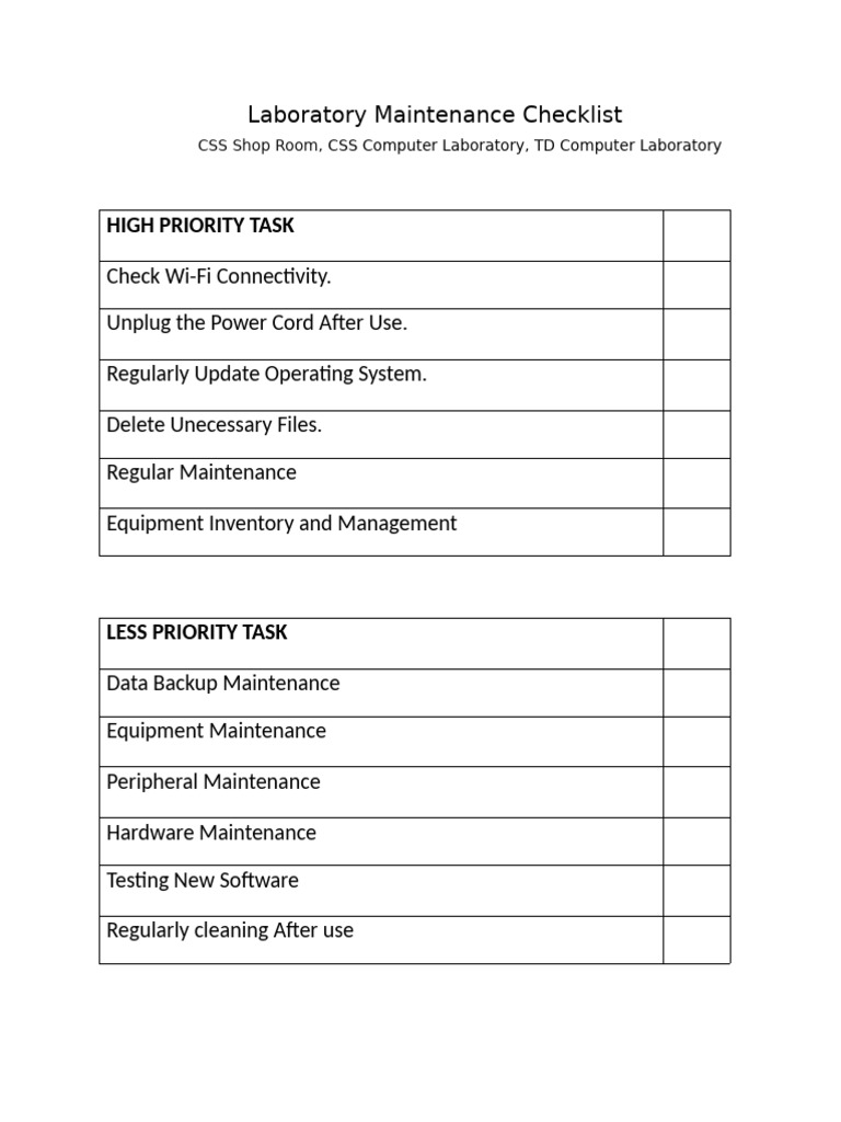 Laboratory Maintenance Checklist Castro Salac-PT3 | PDF