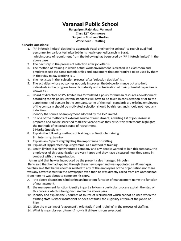 Class 12th Worksheet Staffing | PDF
