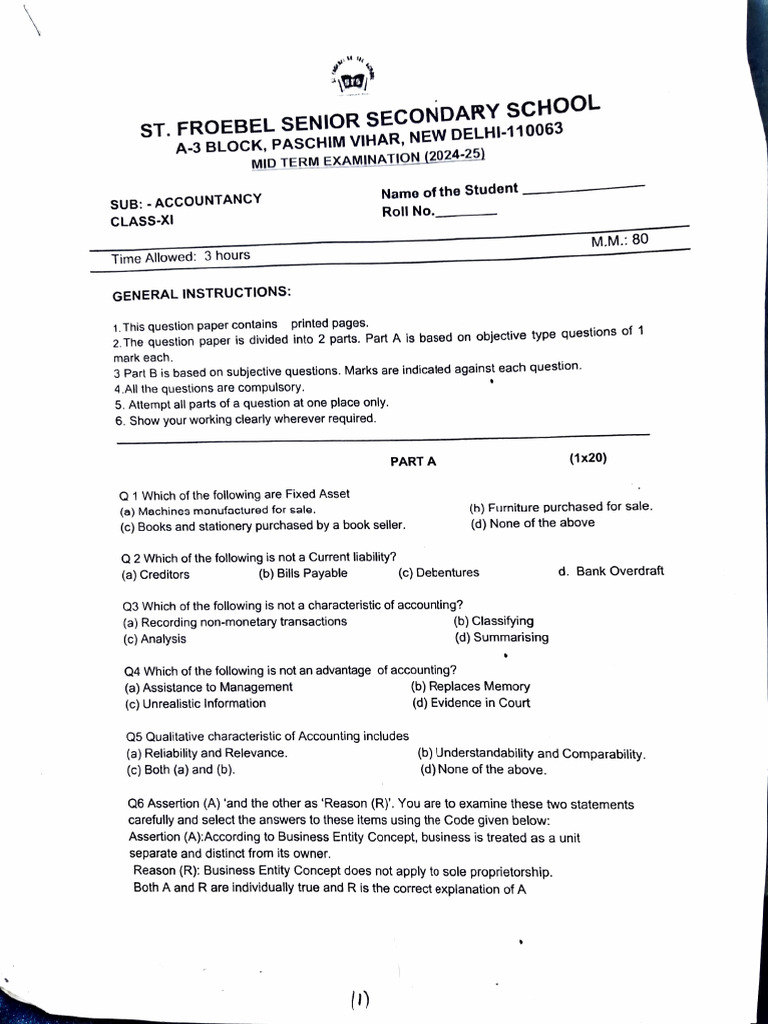 Class XI Acc Froebel HY 2024-25 | PDF | Debits And Credits | Finance ...