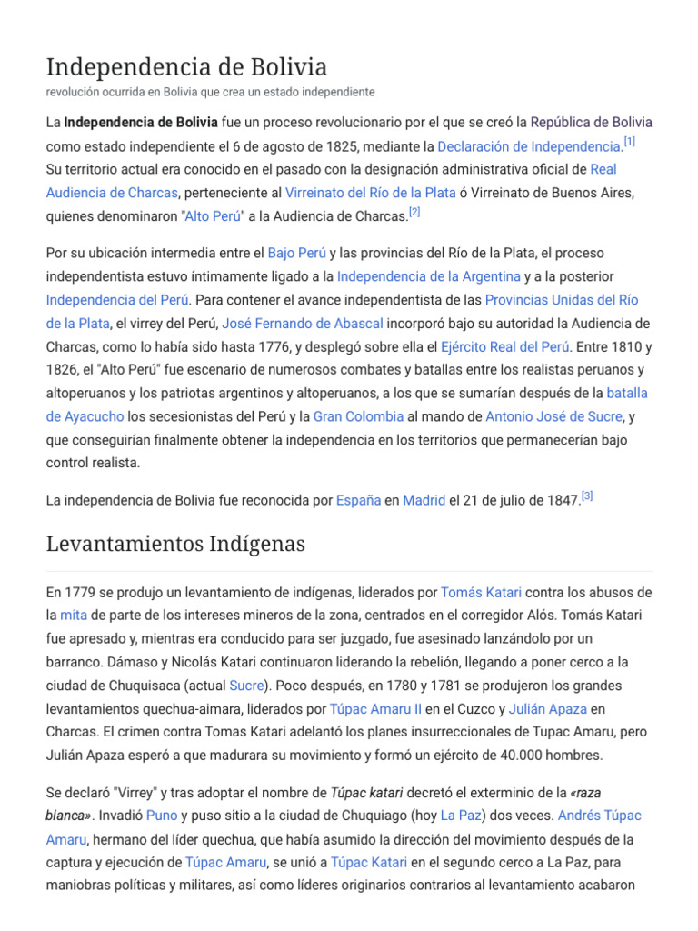 Independencia de Bolivia - Wikipedia, La Enciclopedia Libre | PDF ...