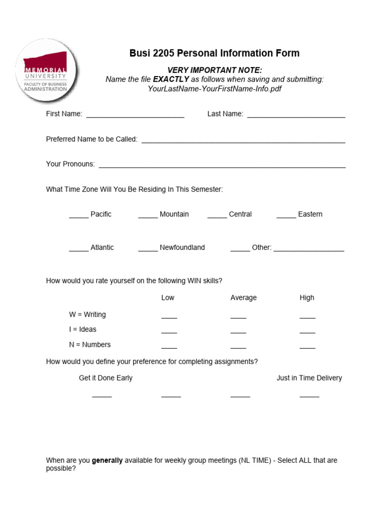 Busi 2205 Personal Info Form 2024 | PDF