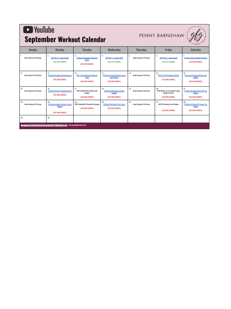 GFG September Workout Calendar | PDF | Strength Training | High ...