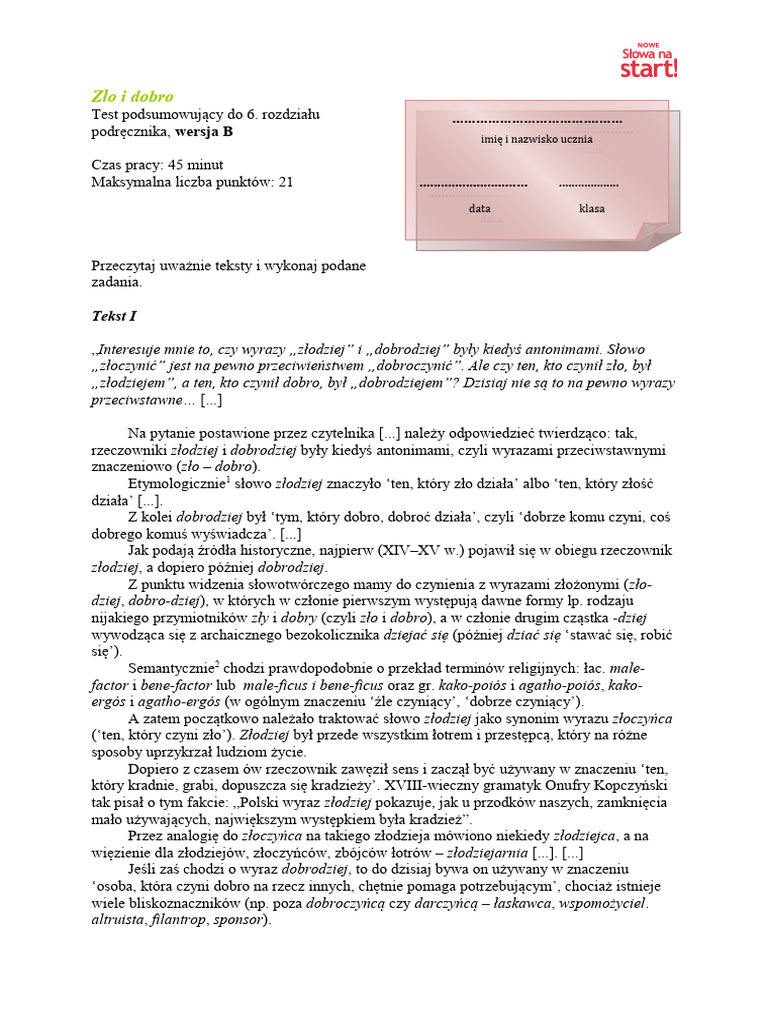 Test Rozdz 6 Dobro I Zlo Wersja B | PDF