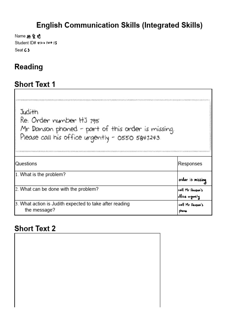 English Communication Skills (Integrated Skills) : Name Student ID ...