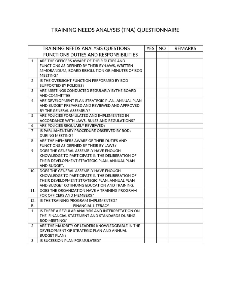 Training Needs Analysis Questionnaire | PDF