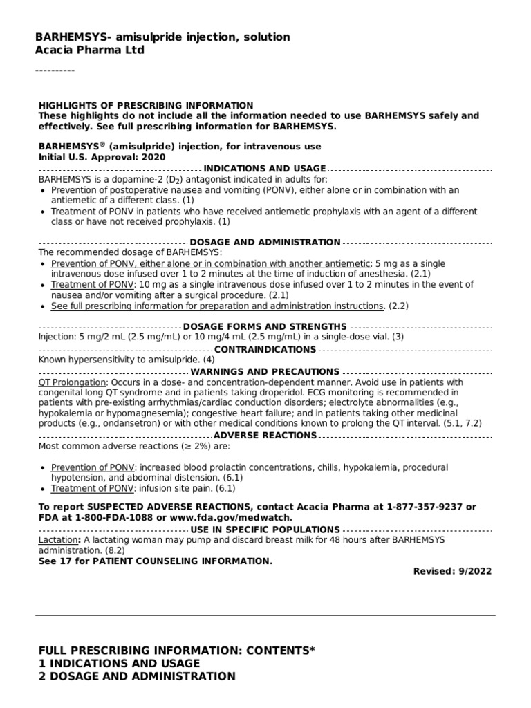 BARHEMSYS-amisulpride Injection, Solution Acacia Pharma LTD | PDF