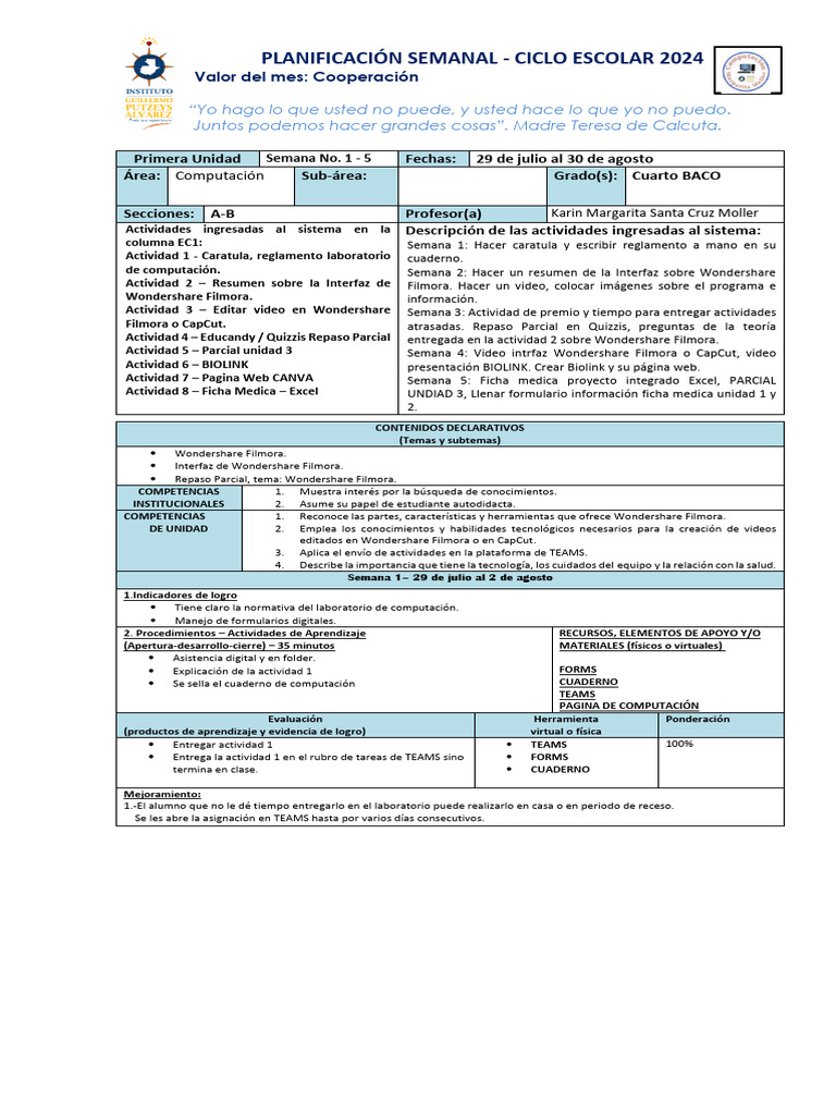 Cuarto Baco - Plan Semana 1 2 3 4 5 Unidad 3 2024 | PDF