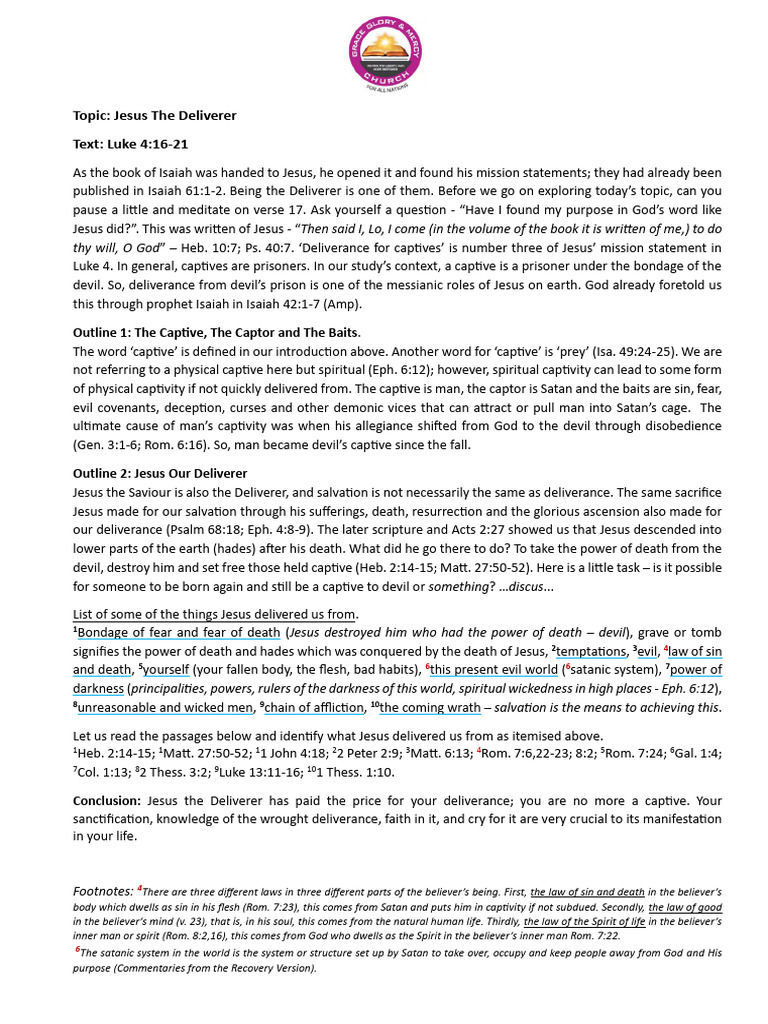 Bible Study - Jesus The Deliverer . | PDF