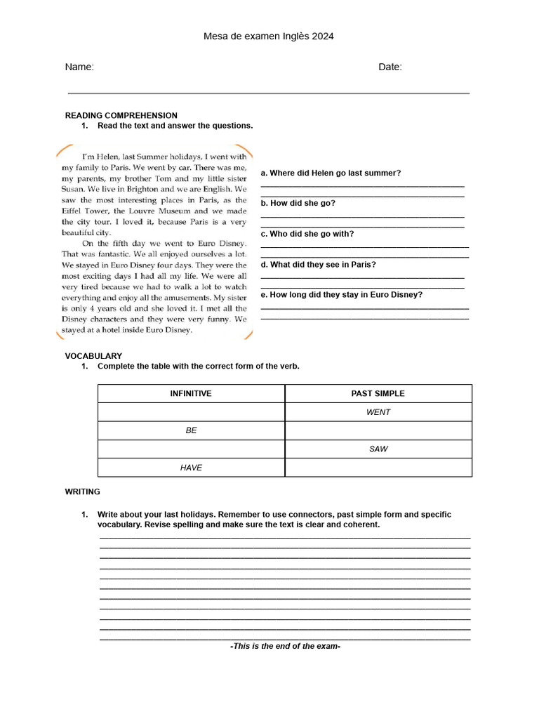 Mesa Examen 2024 - Past Simple 2 | PDF