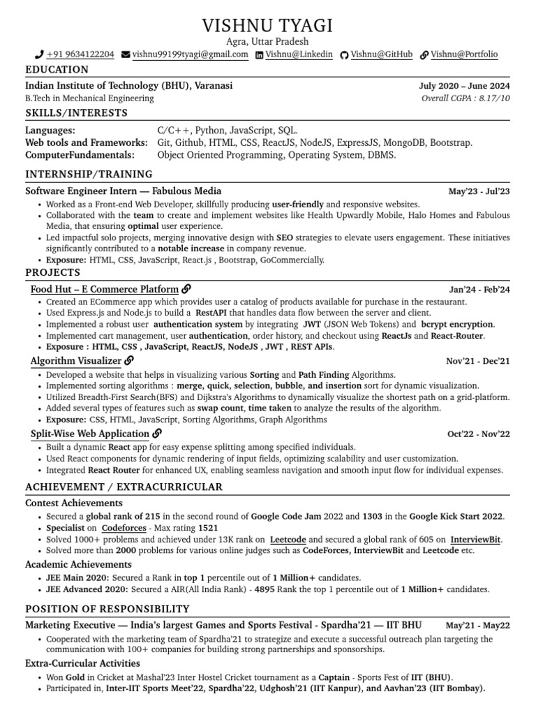 Vishnu Tyagi Resume 0 | PDF
