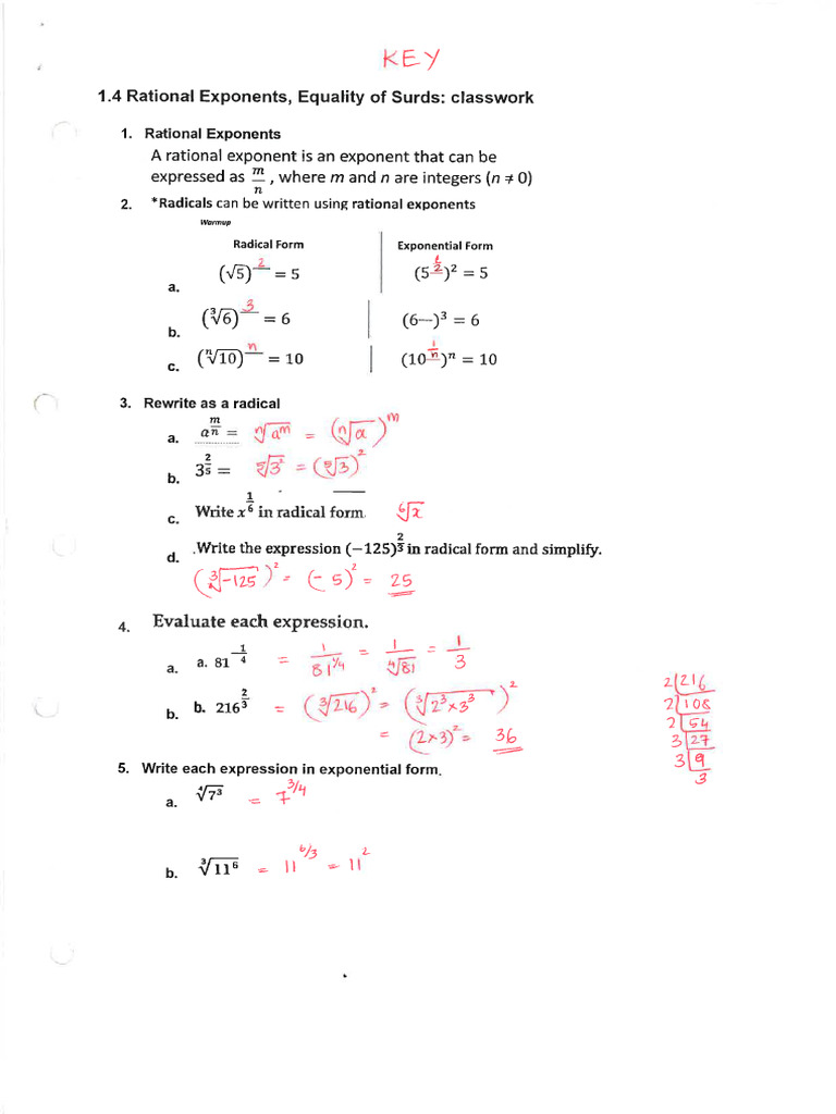 Rational Exponents Equality of Surds KEY | PDF