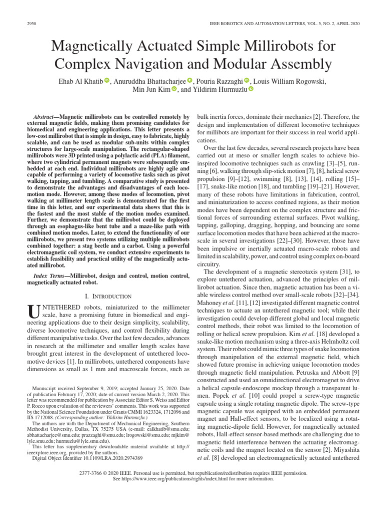 Magnetically Actuated Simple Millirobots For Complex Navigation and ...