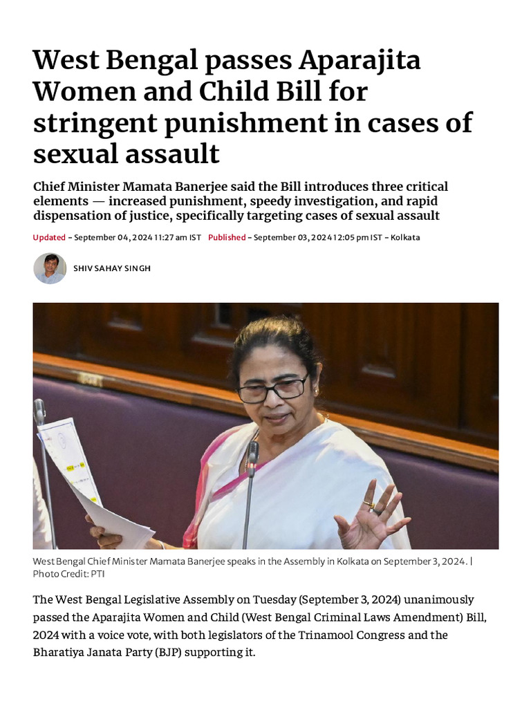 Aparajita Bill - Anti-Rape Bill Passed in West Bengal Assembly - The Hindu | PDF