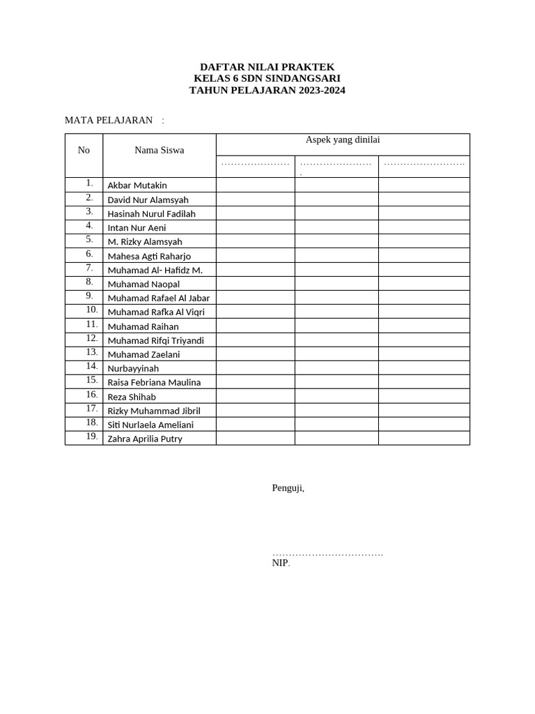 Daftar Nilai Praktek | PDF