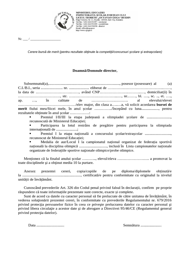 Cerere Bursa de Merit Pentru Rezultate La Competitii Sau Concursuri | PDF