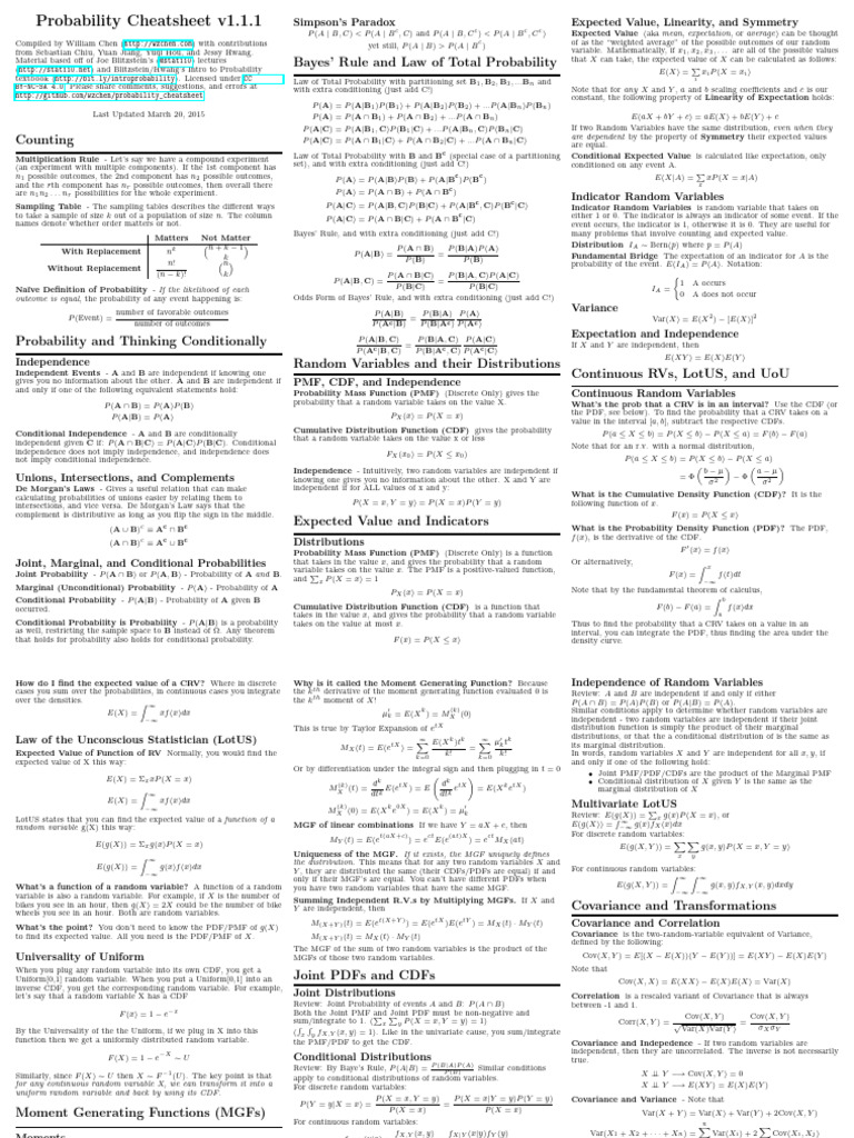 HTTPSWWW - Andrew.cmu - Eduuserlakoglucourses95801docsprobability Cheatsheet PDF | PDF