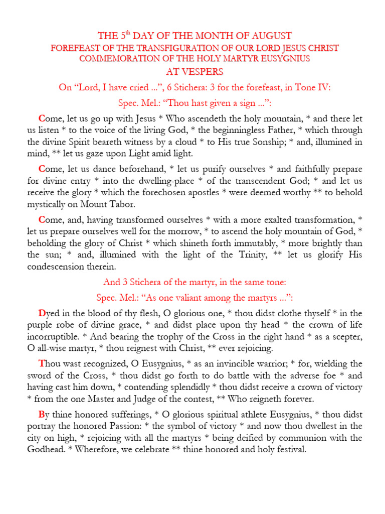 FOREFEAST OF THE TRANSFIGURATION 5 august | PDF