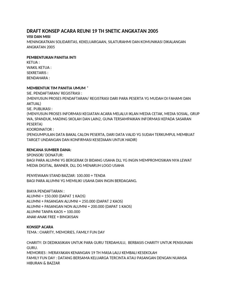 Draft Konsep Acara Reuni 19 TH Snetic Angkatan 2005 | PDF