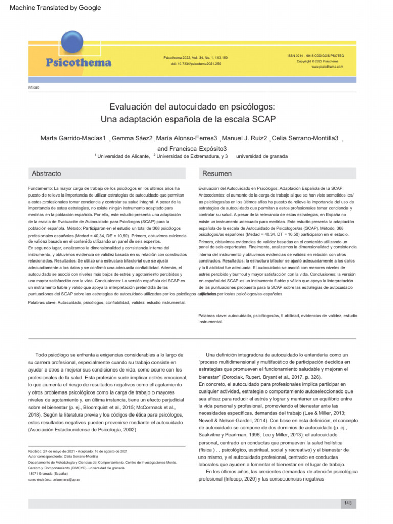 Assessing Self-Care in Psychologists - A Spanish Adaptation of The SCAP ...