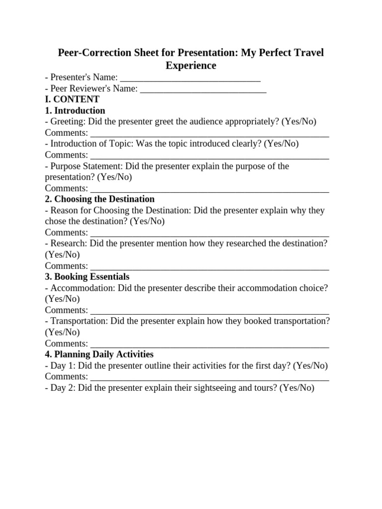 Peer-Correction Sheet For Presentation - My Perfect Travel Experience ...