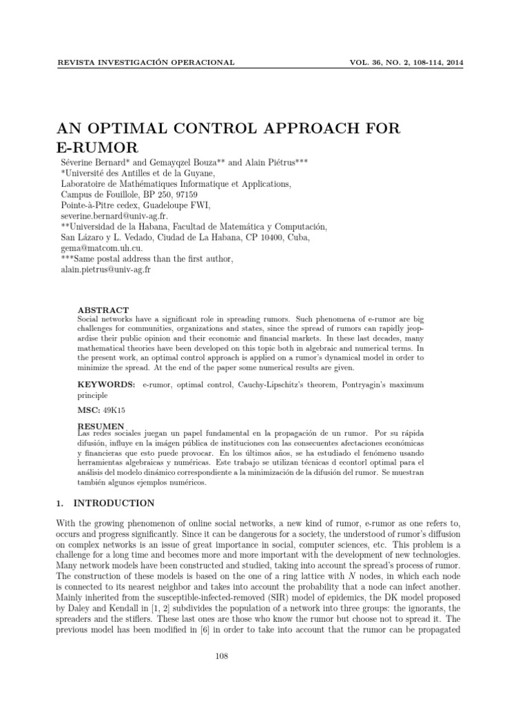 An Optimal Control Approach For E-Rumor: Revista Investigaci On Operacional VOL. 36, NO. 2, 108 ...
