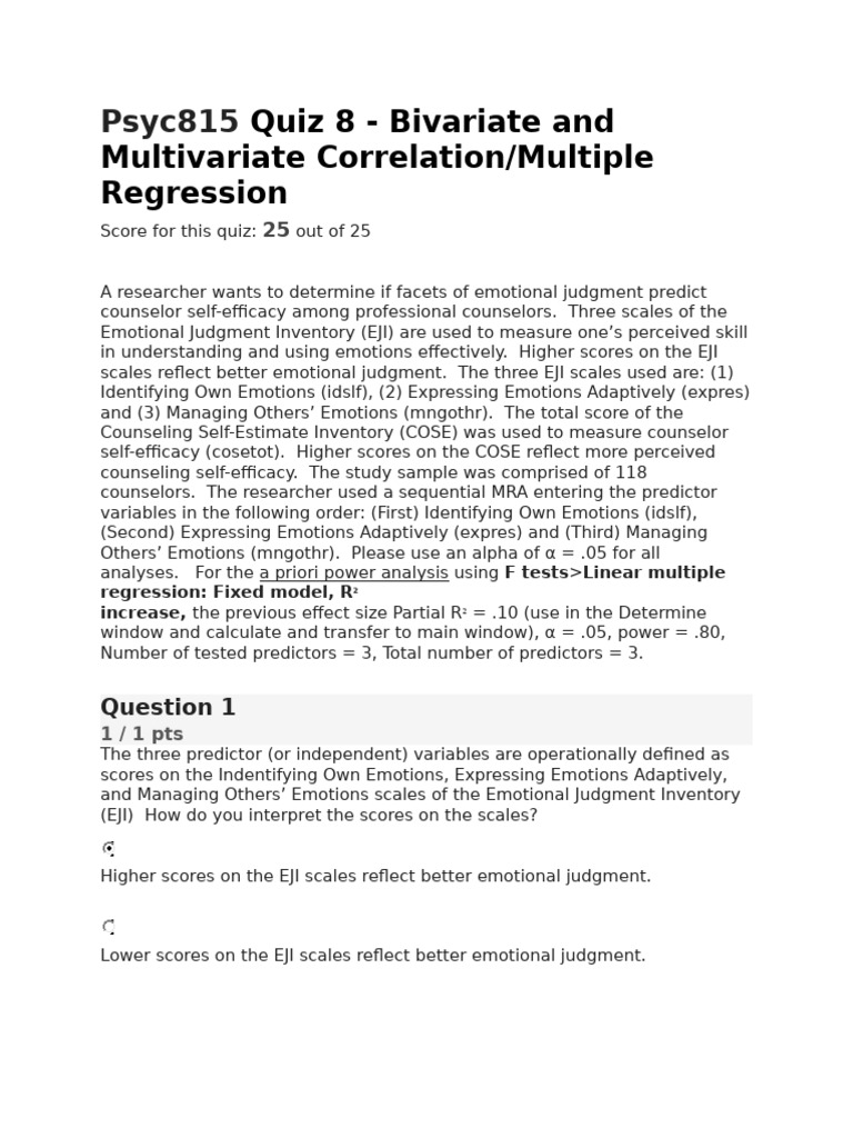 PSYC815 Quiz 8 Bivariate and Multivariate Correlation Multiple Regression | PDF
