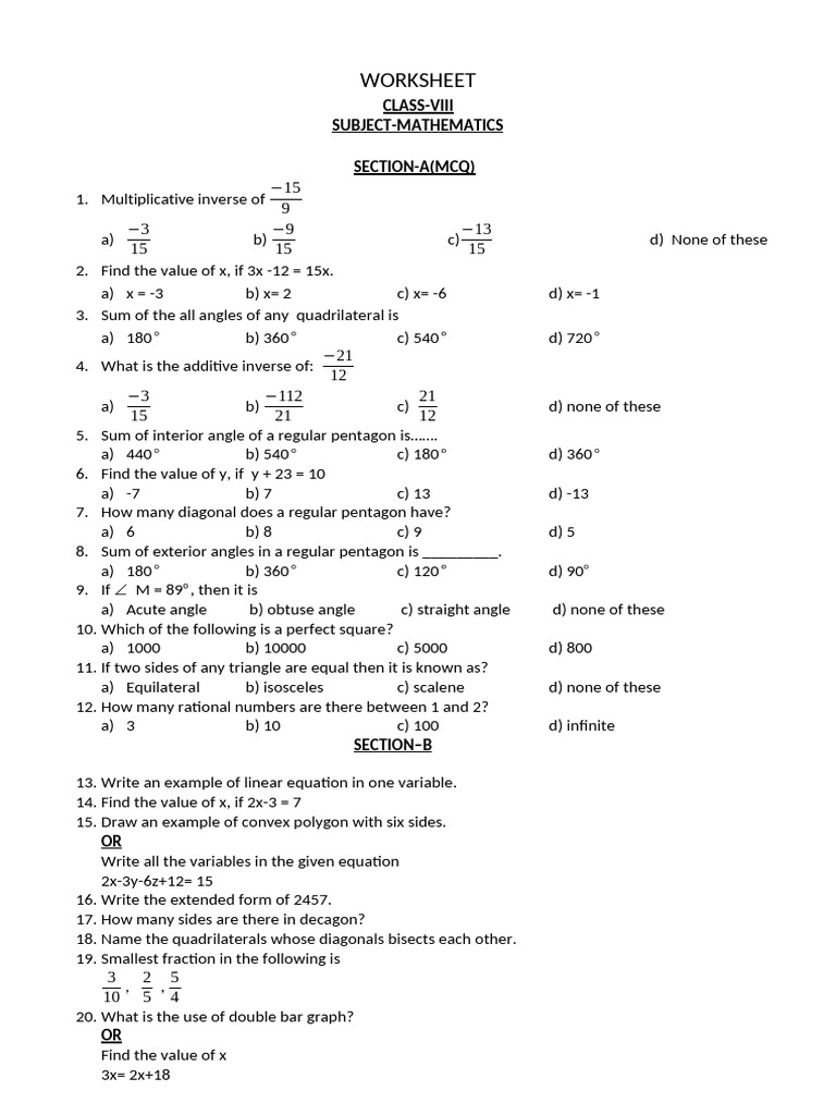 VIII MATHS WORKSHEET | PDF
