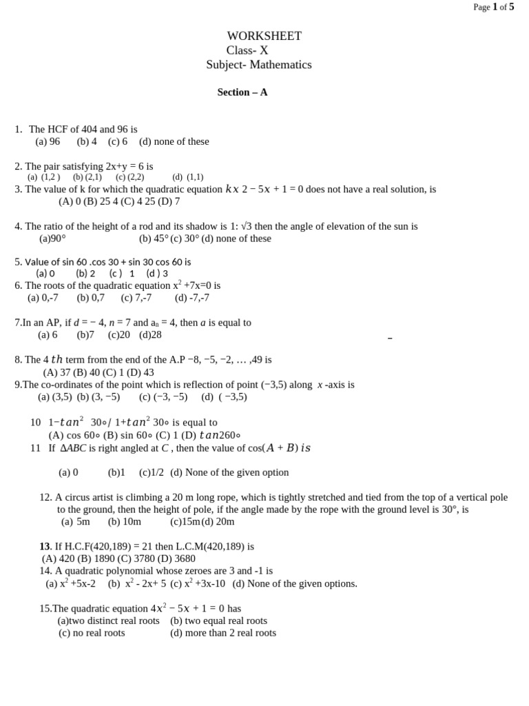 X Worksheet-Maths | PDF
