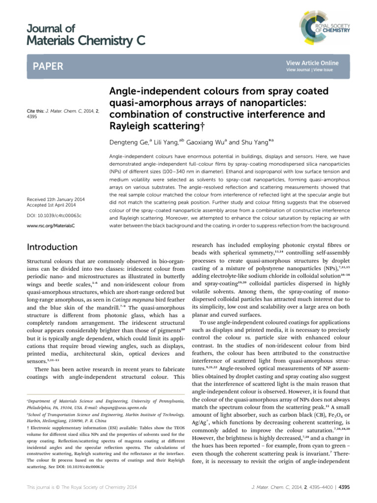 Angle-Independent Colours From Spray Coated Quasi-Amorphous Arrays of ...