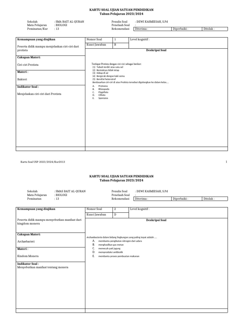 Format Kartu Soal USP PAKET 1 | PDF