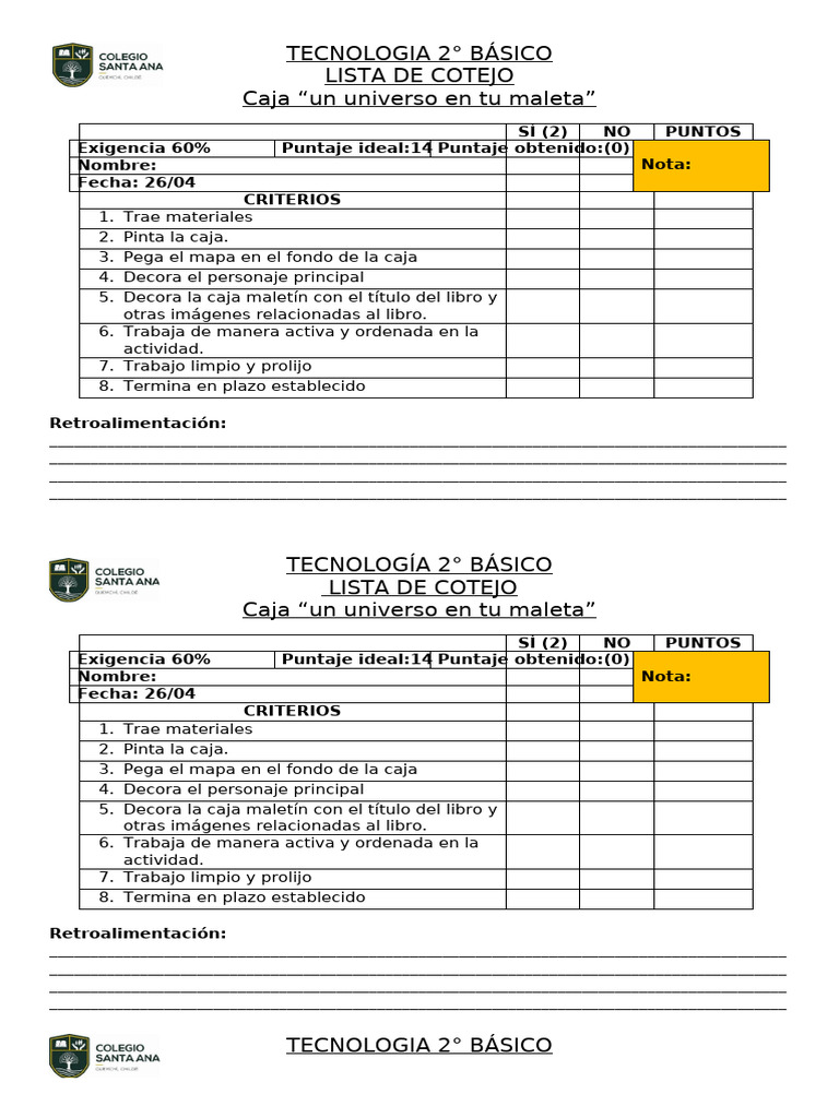 Lista de Cotejo Caja | PDF
