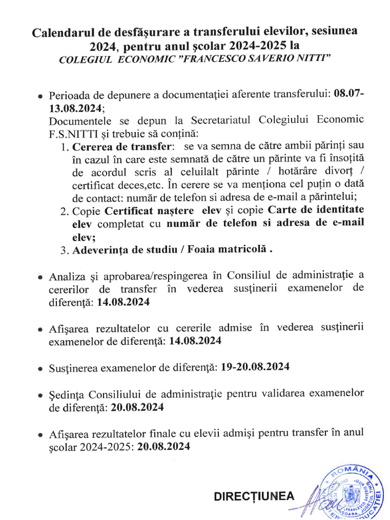 Calendar Transfer Elevi Sesiunea 2024 Pentru Anul Scolar 2024 2025 | PDF
