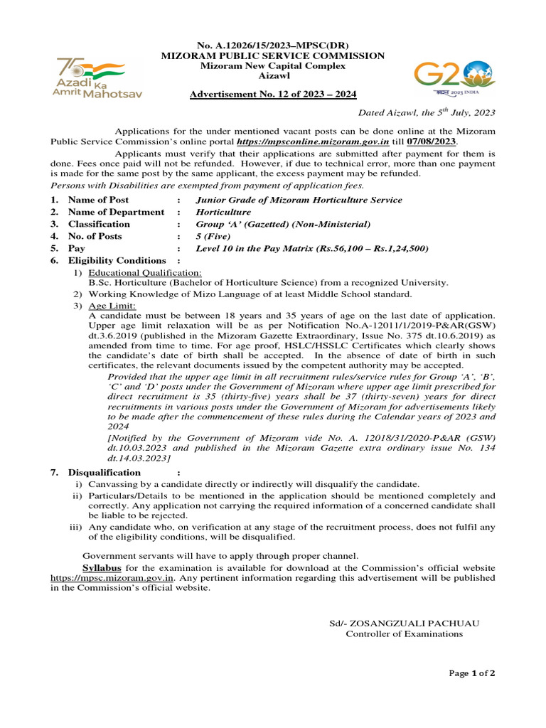 Advt No12 of 2023 24 JR GD of Mizoram Horticulture Service | PDF